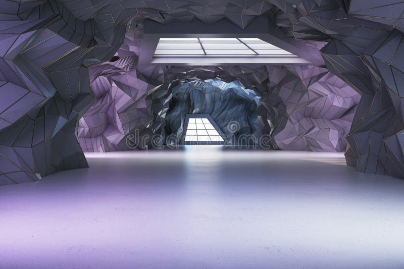 Modern Abstract Geometric Crystal Cave Museum Interior with Window and ...