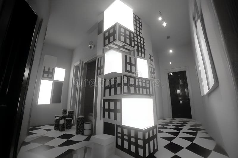 Modern Abstract Interior Design Glowing Cubic Structures in a Hallway ...