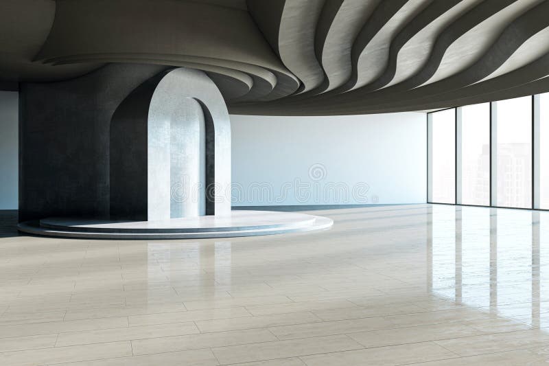 Modern Abstract Interior Design with Wave Ceiling and Empty Space. 3D ...
