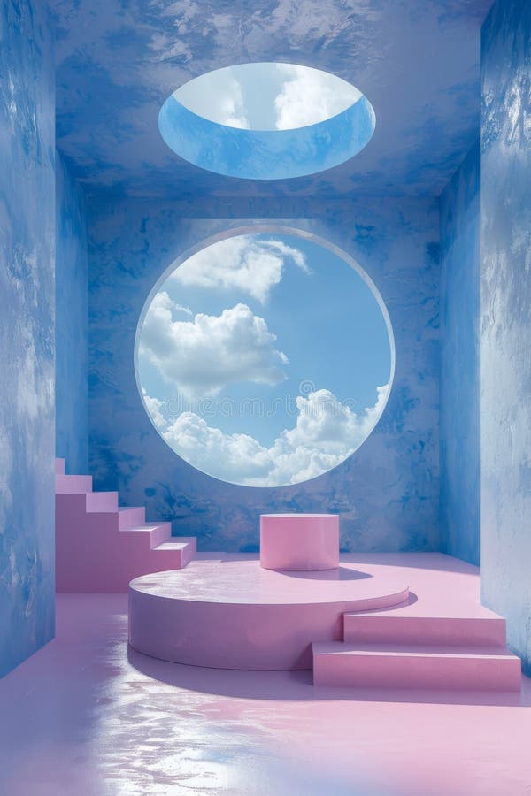 Modern Abstract Interior with Round Podium and Open Ceiling Featuring a ...