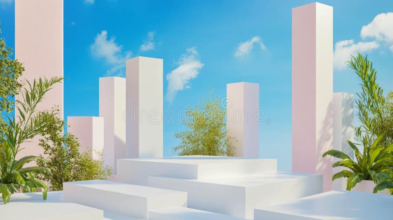 Modern Abstract Landscape with Geometric Structures and Lush Greenery ...