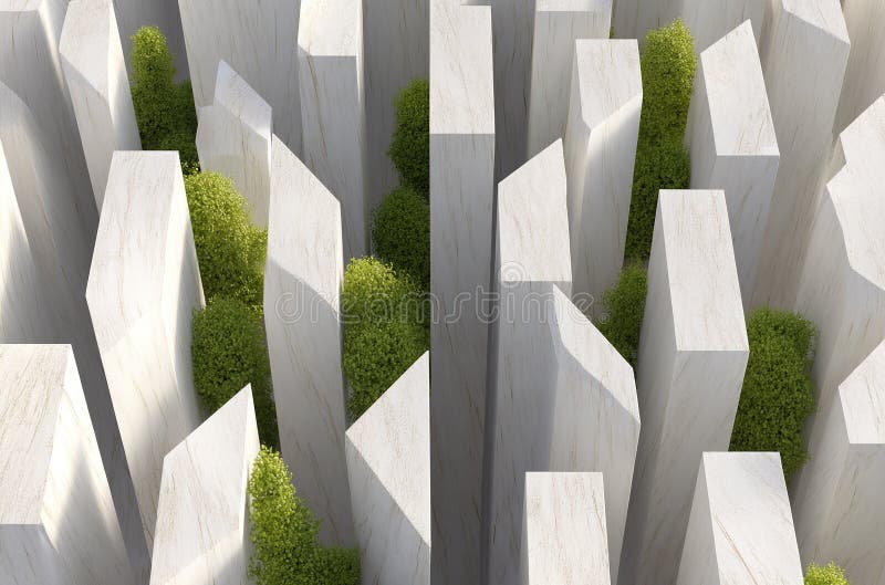 Modern Abstract Landscape Showcasing White Geometric Structures and Green Vegetation in a Unique ...