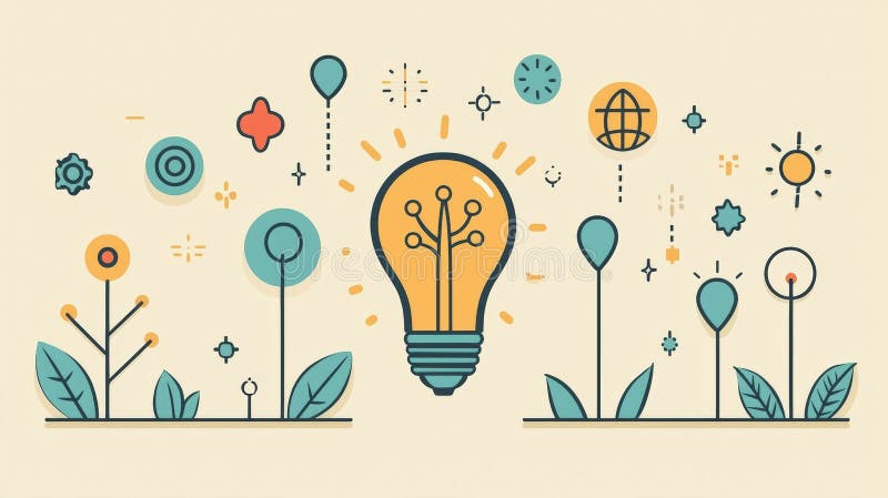 Modern Abstract Light Bulb and Nature Elements with Whimsical Floral ...