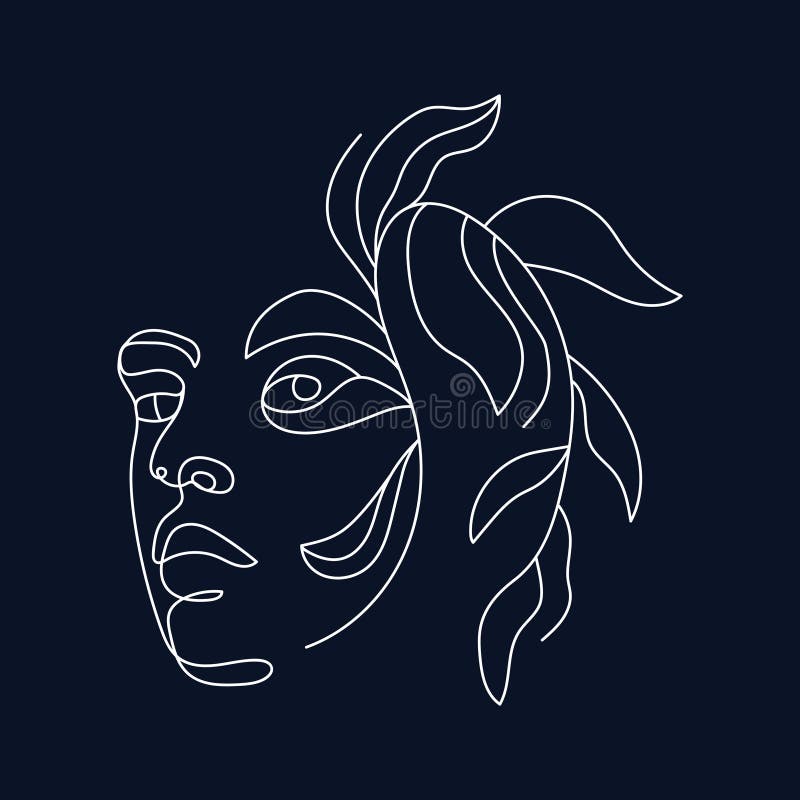 Modern Abstract Line Minimalistic Women Face Arts On Black Background