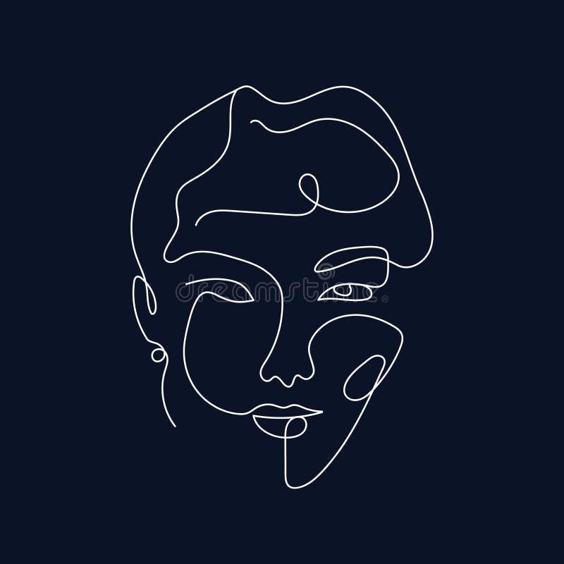Modern Abstract Line Minimalistic Women Face Arts On Black Background
