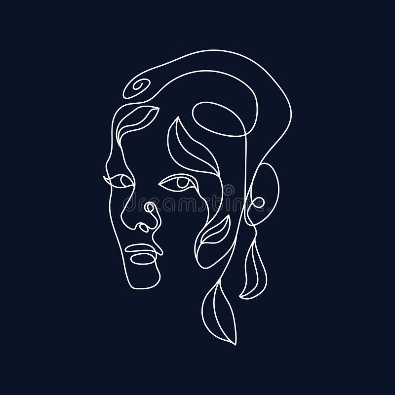 Modern Abstract Line Minimalistic Women Face Arts On Black Background