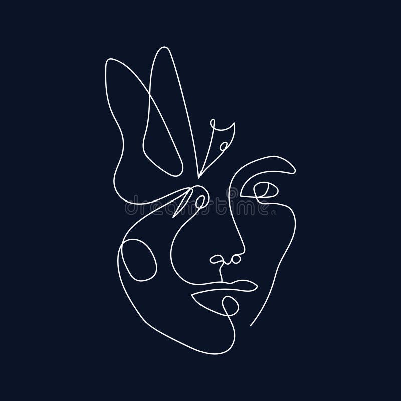 Modern Abstract Line Minimalistic Women Face Arts On Black Background