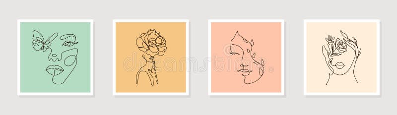 Modern Abstract Line Minimalistic Women Faces Poster Arts Set With