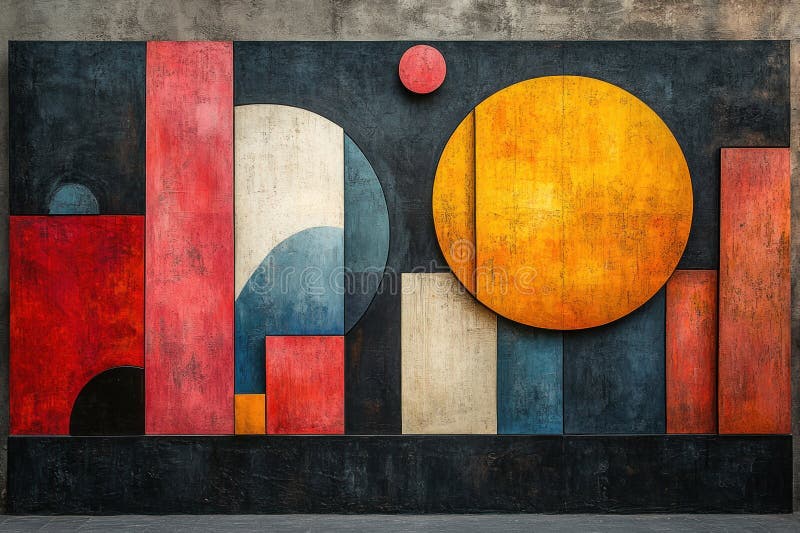A Modern Abstract Mural with Geometric Shapes in Red, Orange, Yellow ...