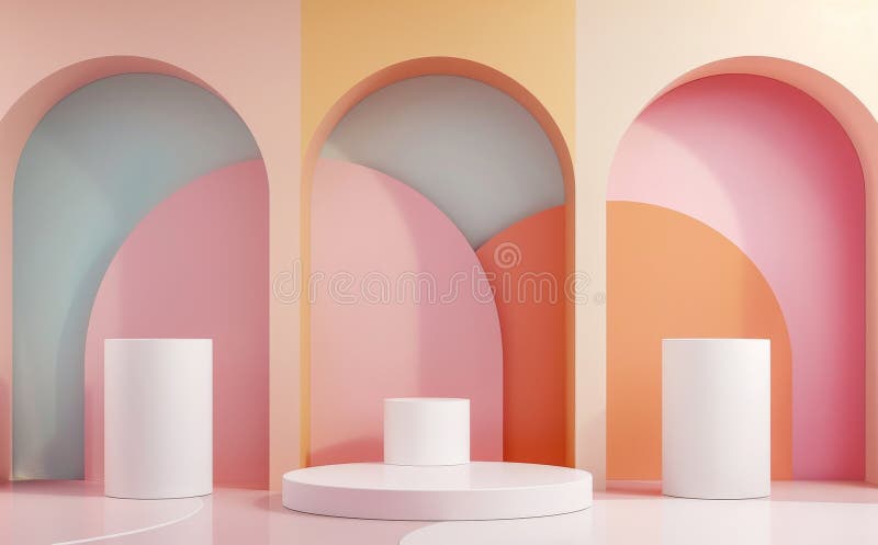 Modern Abstract Room with Pink and White Geometric Shapes and Arches ...