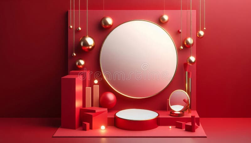 Modern Abstract Scene with Red Geometric Shapes and Gold Spheres ...