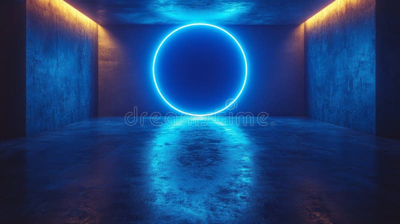 Modern Abstract Space with Blue Neon Circle Light on Dark Reflective ...