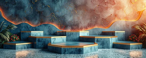 Modern Abstract Stage with Blue and Gold Design Featuring Hexagonal ...