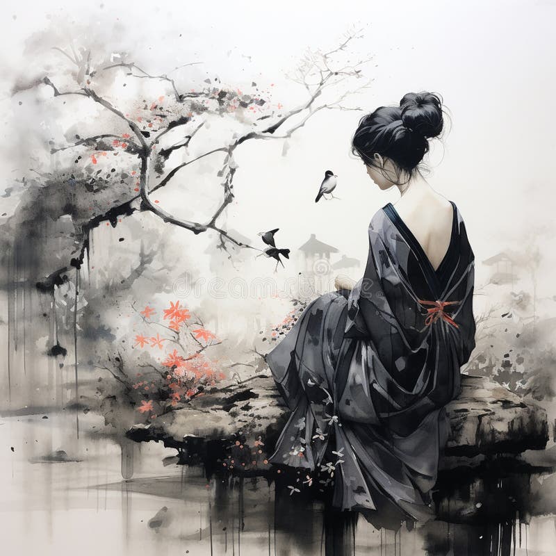 Modern Abstract Sumi-e Ink Painting Stock Illustration - Illustration ...