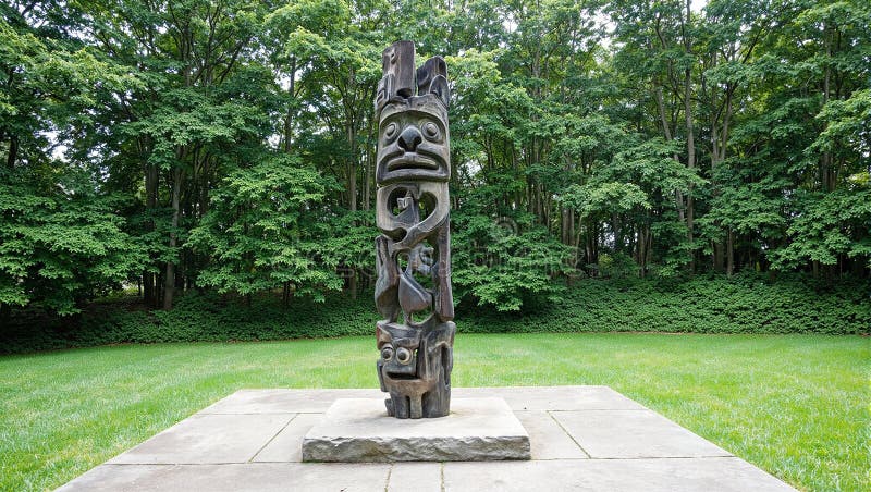 Modern Abstract Totem Pole with Intertwined Shapes on Stone Platform in ...