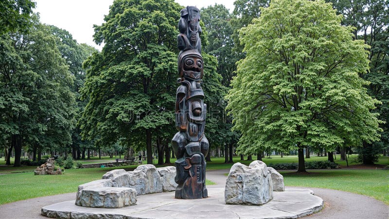 Modern Abstract Totem Pole with Intertwined Shapes on Stone Platform in ...