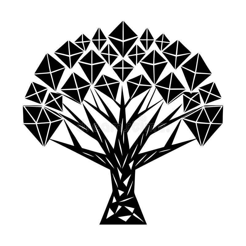 Abstract Black and White Tree Illustration with Geometric Diamond ...