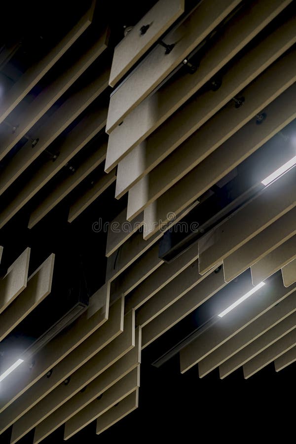 Modern Acoustic Ceiling Panels with Geometric Wooden Slats, Creating ...