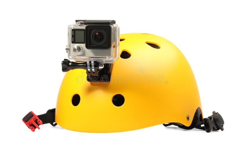 Modern Action Camera on Helmet Against White Background Stock Photo ...
