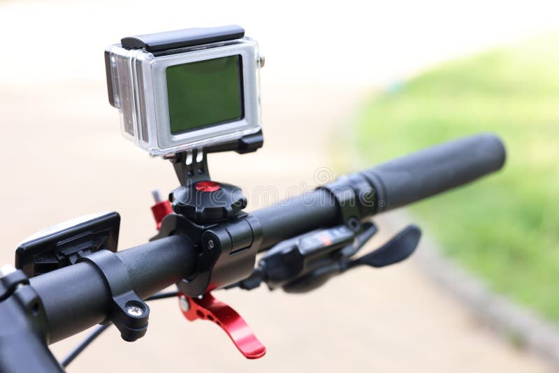 Modern Action Camera with Mount on Bicycle Outdoors, Closeup Stock ...