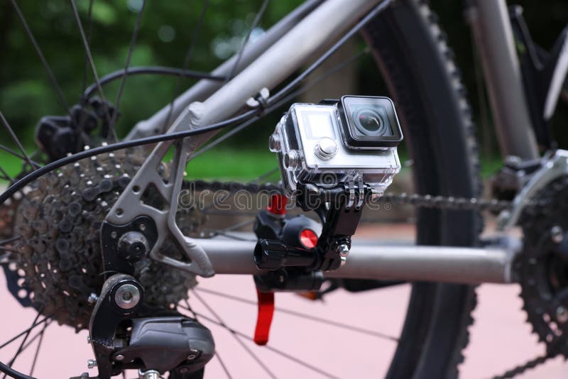 Modern Action Camera with Mount on Bicycle Outdoors, Closeup Stock ...