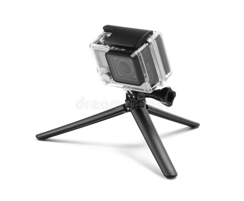 Modern Action Camera and Tripod Isolated on White Stock Image - Image ...