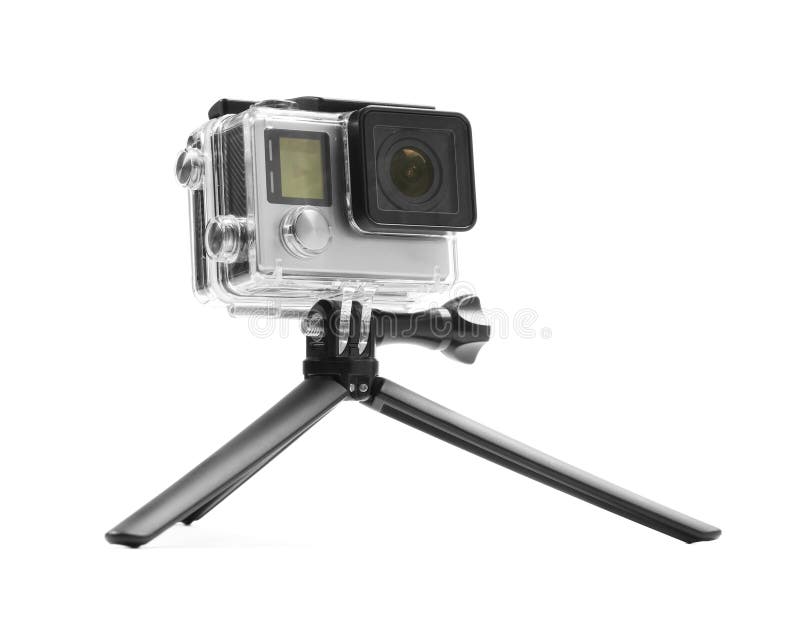 Modern Action Camera and Tripod Isolated on White Stock Image - Image ...