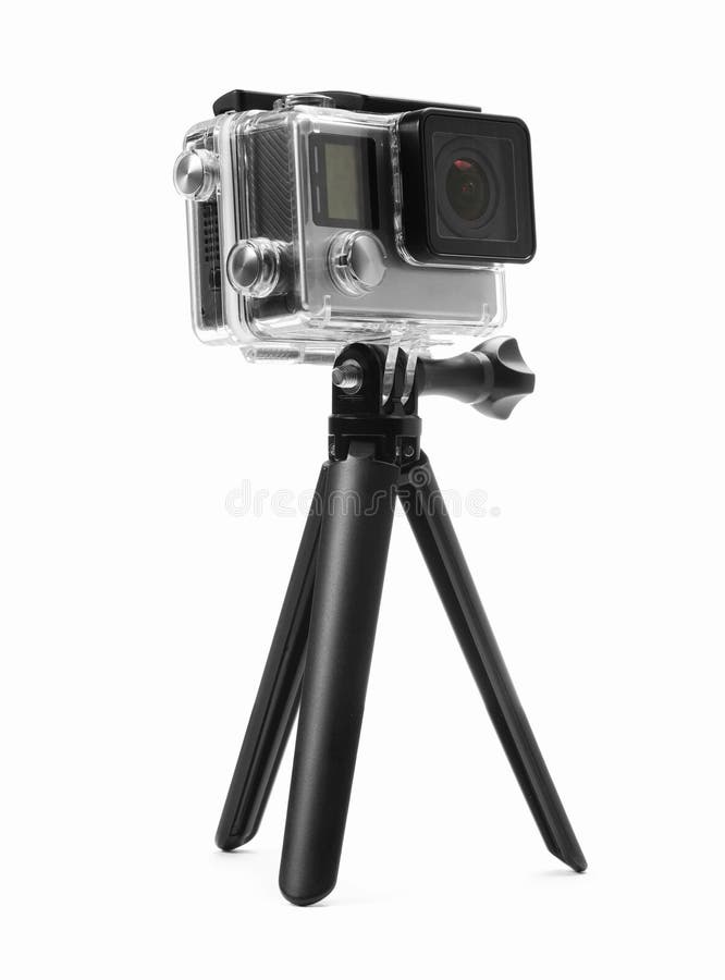 Modern Action Camera and Tripod on White Background Stock Image - Image ...