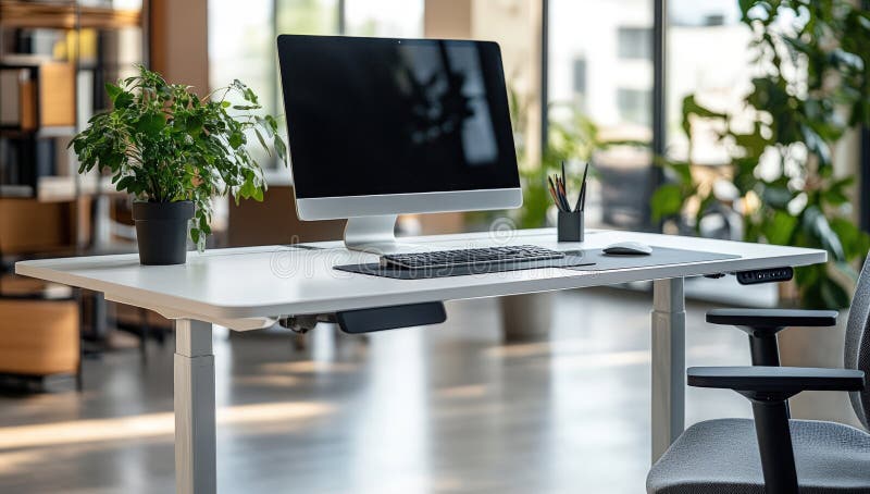 Modern Adjustable Height Office Desk with Computer Stock Illustration ...