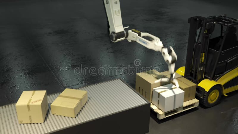 Modern, Advanced, Robot Arm Loading and Stacking Cargo Boxes Onto a ...