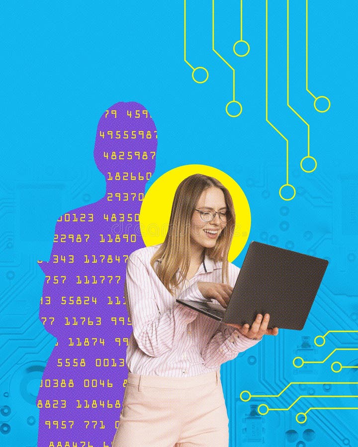 Modern Aesthetic Artwork. Woman Using Laptop while Silhouette of Person ...