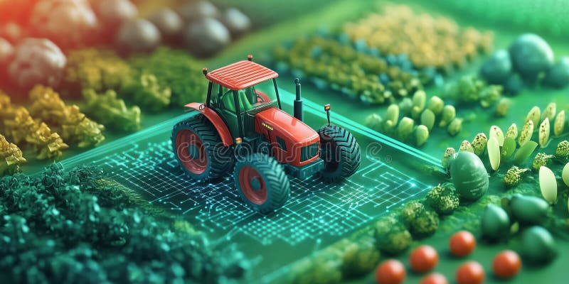 Modern Agricultural Technology with Tractor on Digital Farm Landscape ...