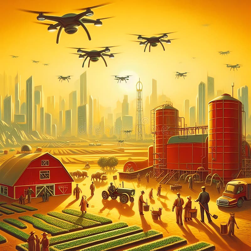 Modern Agriculture: Drones Overseeing Field Work at Sunset Stock ...