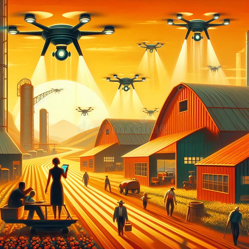 Modern Agriculture: Drones Overseeing Field Work at Sunset Stock ...