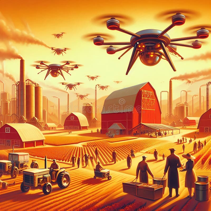 Modern Agriculture: Drones Overseeing Field Work at Sunset Stock ...