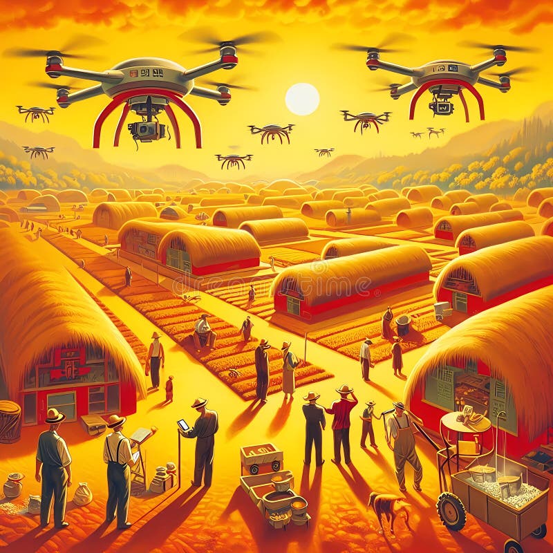 Modern Agriculture: Drones Overseeing Field Work at Sunset Stock ...