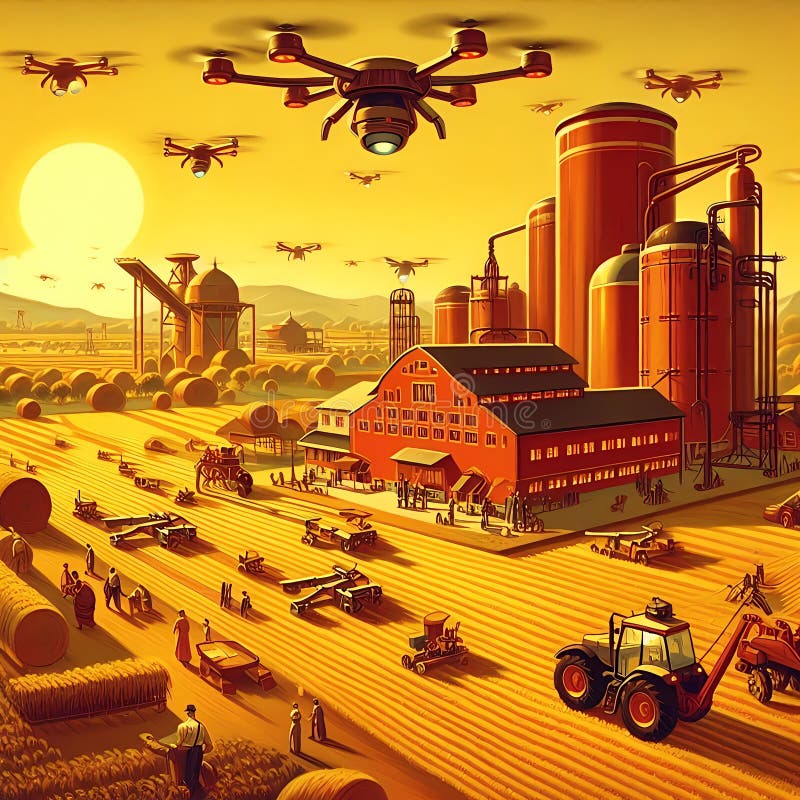 Modern Agriculture: Drones Overseeing Field Work at Sunset Stock ...