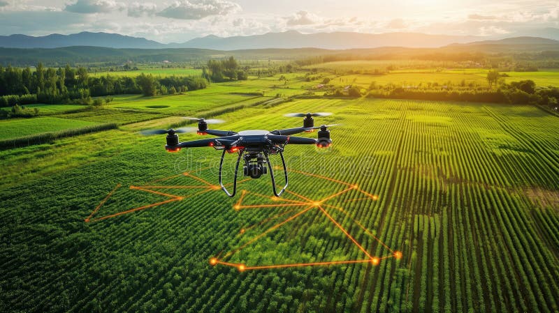Drone Flying Over Green Agricultural Field Gathering Data at Sunset ...
