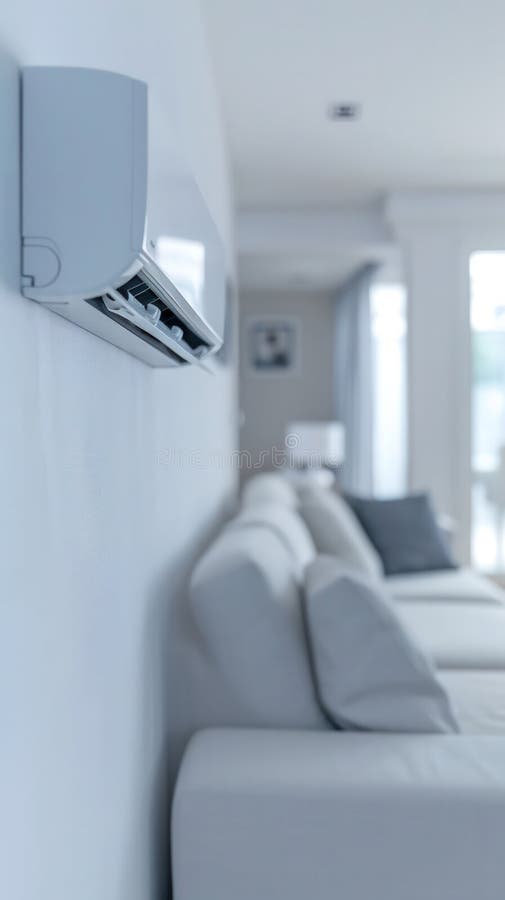 Modern Air Conditioner Above a Cozy Sofa in a Bright, Airy Living Room ...