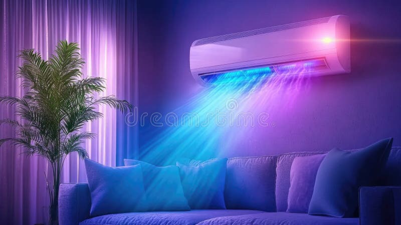 Modern Air Conditioner Cooling a Room with Neon Blue and Purple Light ...