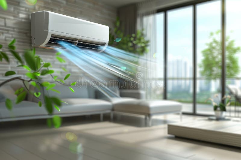 Modern Air Conditioner in a Living Room Interior with Sofa. Stock Photo ...