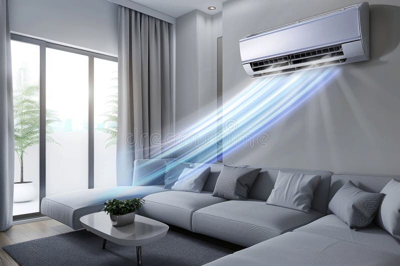 Modern Air Conditioner in a Living Room Interior with Sofa. Stock Image ...