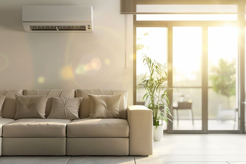 Modern Air Conditioner in a Living Room Interior with Sofa. Stock Photo ...