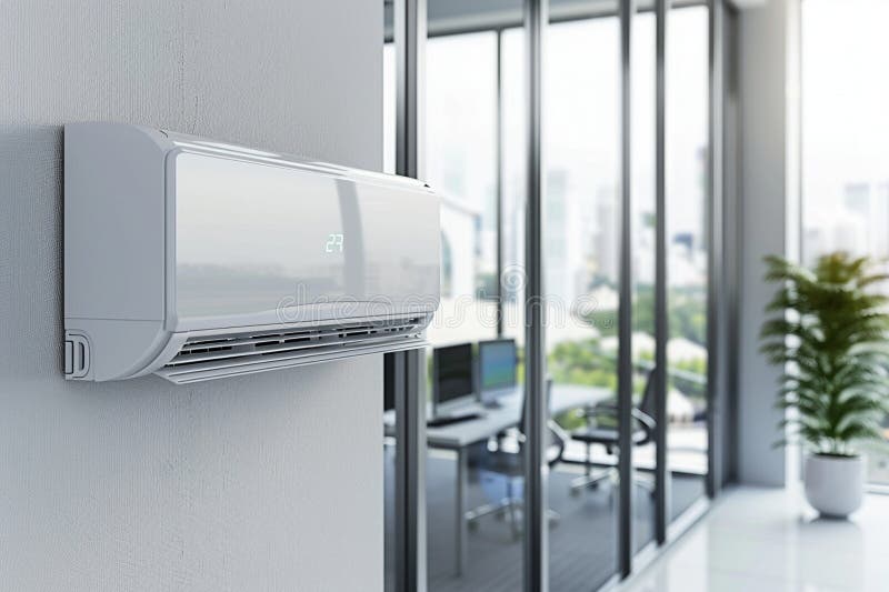 Modern Air Conditioner Mounted on the Wall in a Bright Office Space with Large Windows and ...