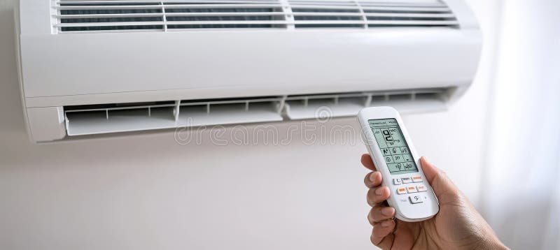 Modern Air Conditioner Person Adjusting Temperature with Remote Control ...