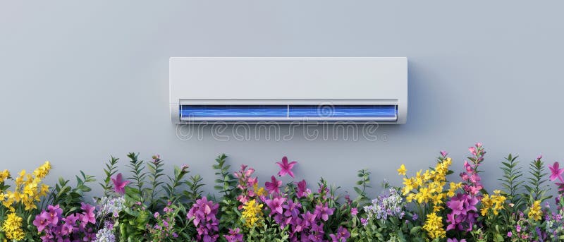 Modern Air Conditioner Unit with Blooming Spring Flowers on Wall Stock ...