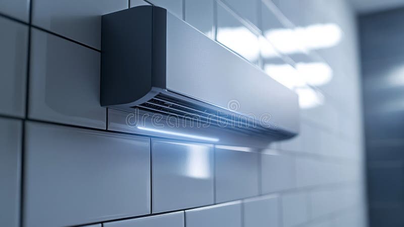 Modern Air Conditioner Unit Mounted on Tiled Wall Indoors. Stock Image ...