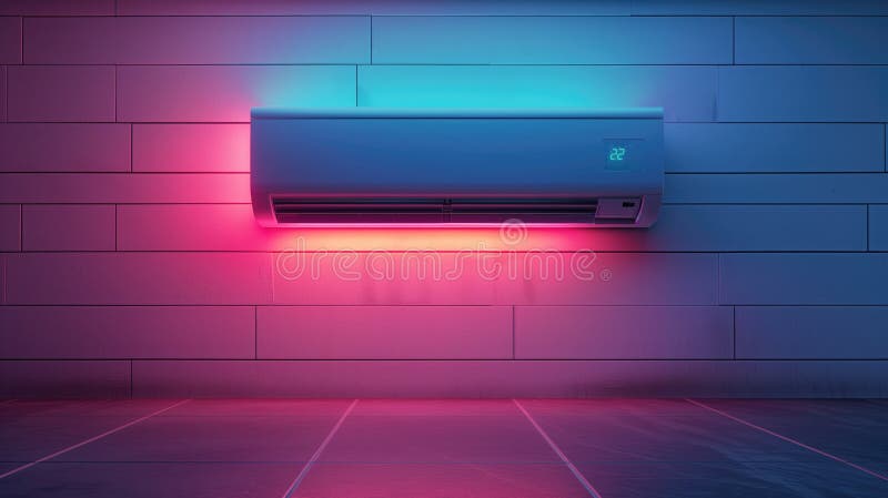 Modern Air Conditioner Unit Mounted on a Wall with Blue and Pink Neon ...
