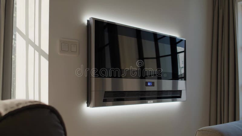 Modern Air Conditioner Unit Mounted on a White Wall, Featuring Ambient ...