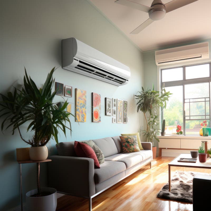 Modern Air Conditioner on White Wall in Room with Stylish Grey Sofa and ...